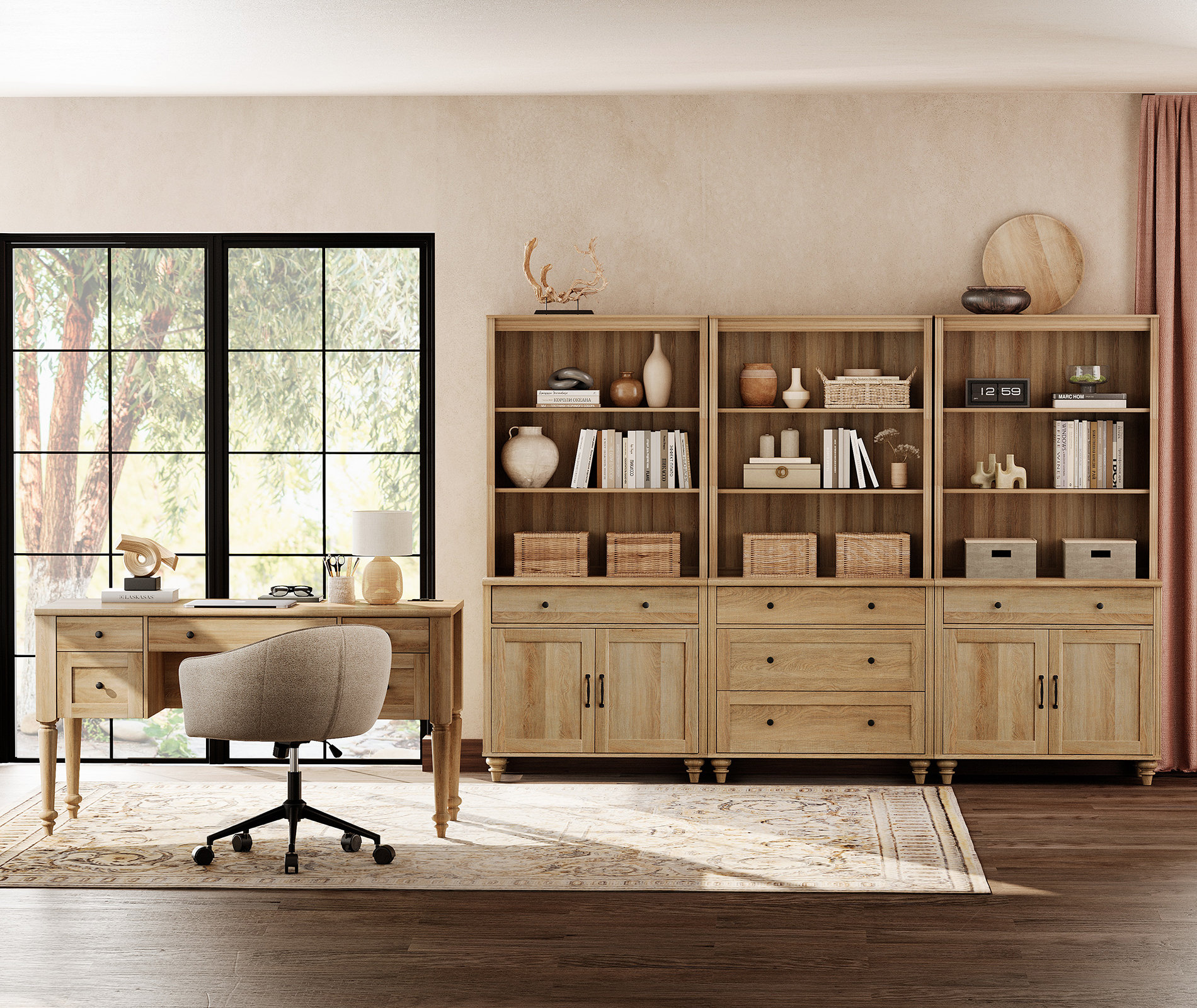 George Oliver 2 Piece Office Set, 56" Executive Desk, Bookcases With 5 Drawers And 2 Doors, Oak ...